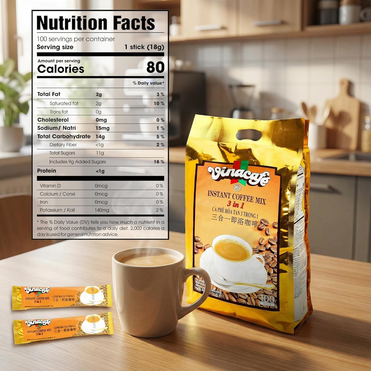 Vinacafe Vietnamese 3-in-1 Instant Coffee – 100 Sticks, Smooth Medium ...